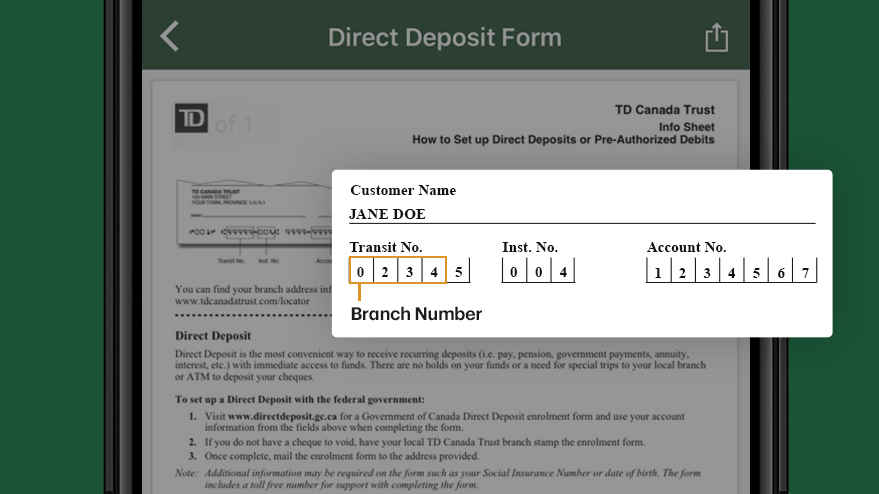 How to access the direct deposit form on the TD app